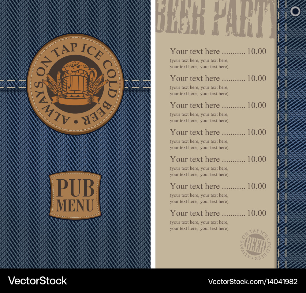 Menu for beer pub on denim background with price Vector Image