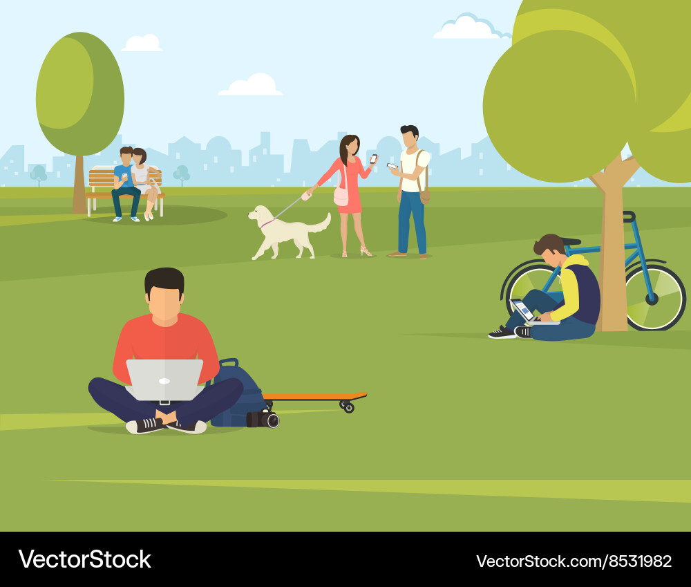 People Using Gadgets Outdoors Royalty Free Vector Image