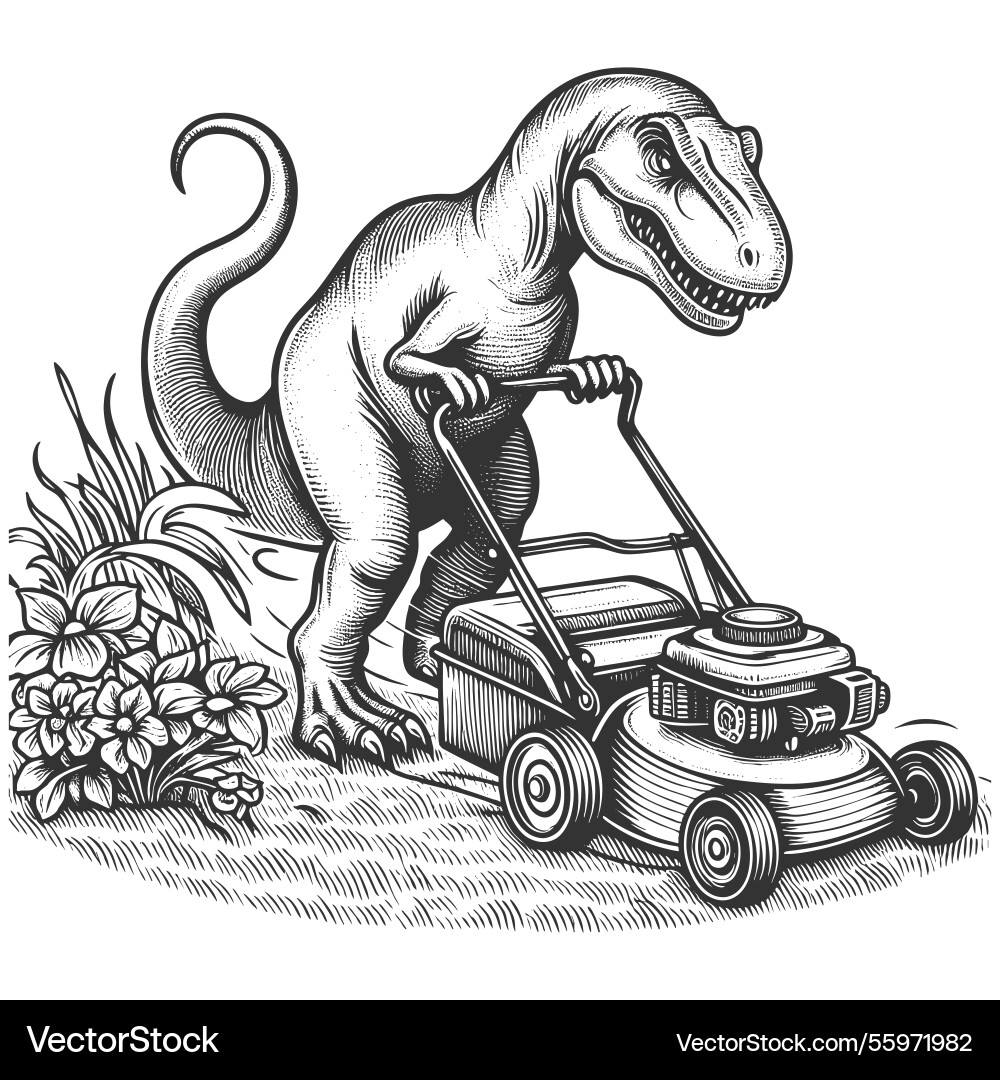 T-rex mowing the lawn with a push mower Royalty Free Vector