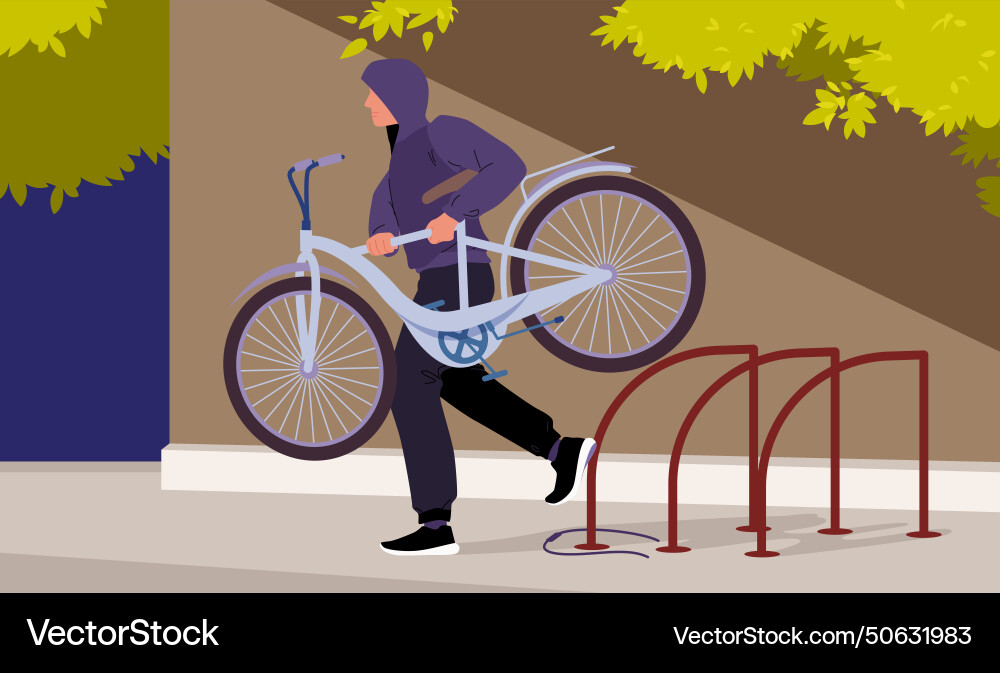 Thief stealing bicycle from rack in public city Vector Image