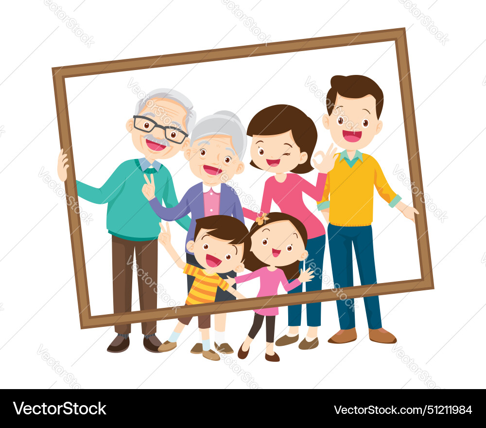 Big family standing together holding large frame Vector Image