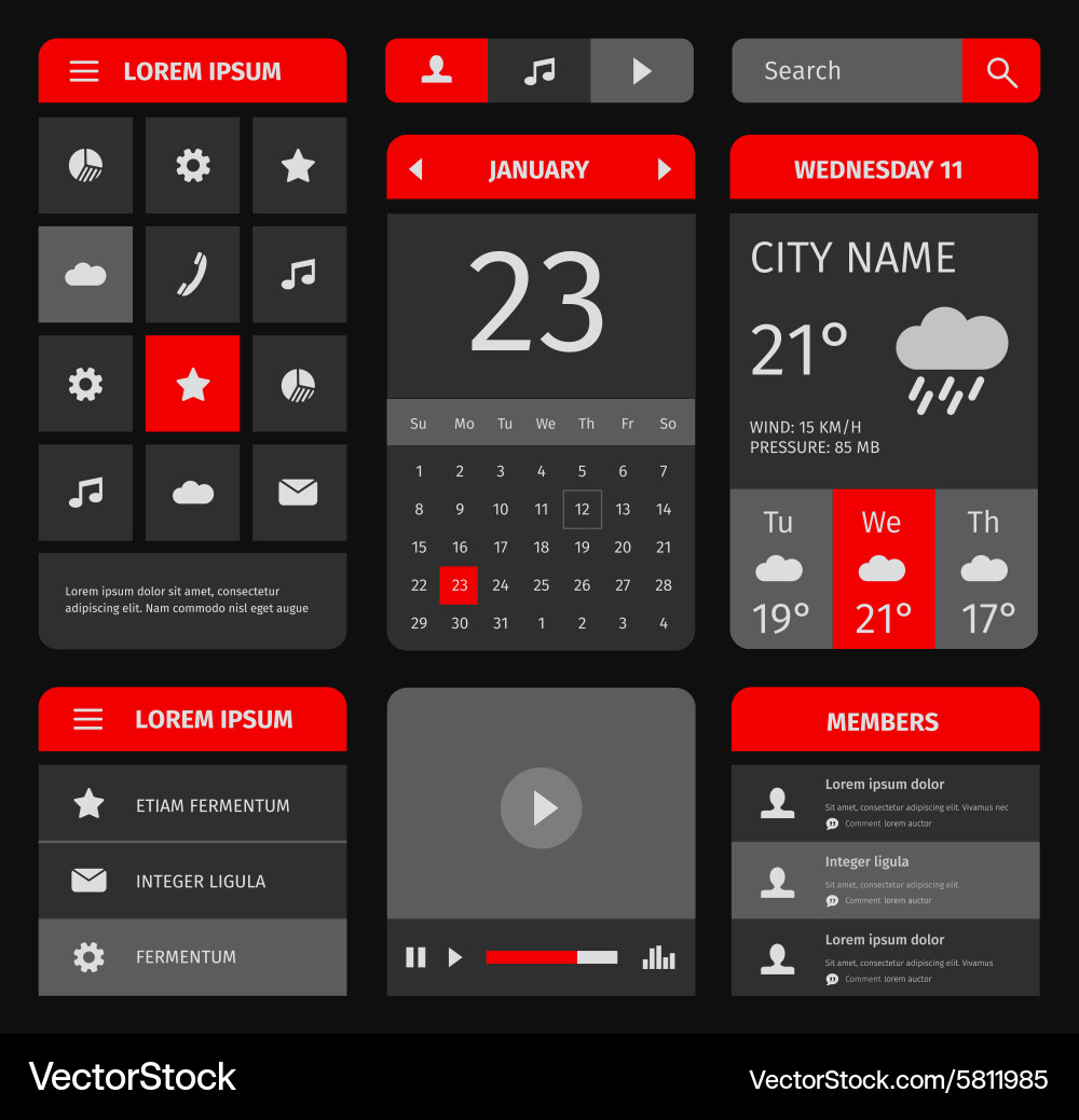 Red and blue set of mobile interface elements Vector Image