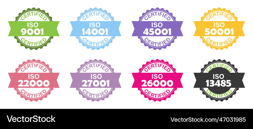 Set of iso certification stamp sign Royalty Free Vector