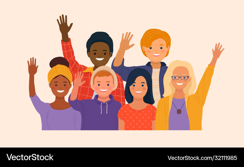 Young friends waving with raised hands Royalty Free Vector