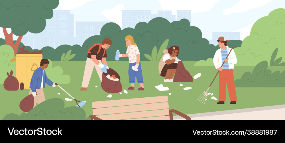 Children cleaning park from garbage group kids Vector Image