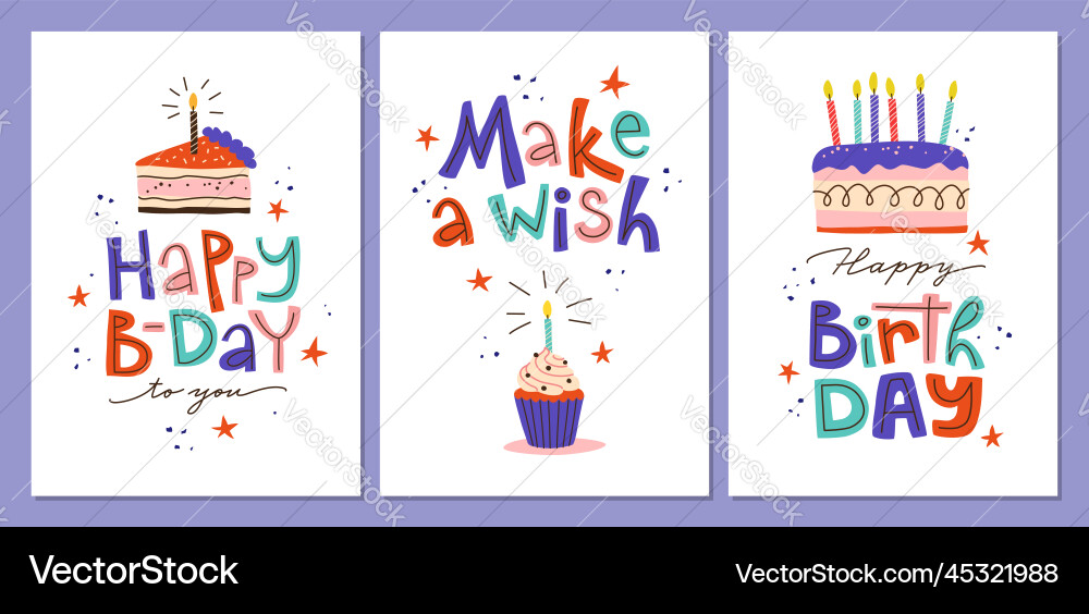 Three birthday cards with lettering Royalty Free Vector