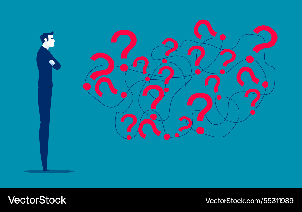 Pensive business person with question marks Vector Image