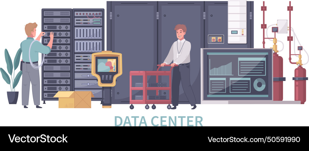 Data center works composition Royalty Free Vector Image