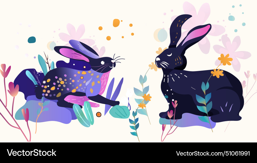 Happy easter greeting card with two rabbits spring