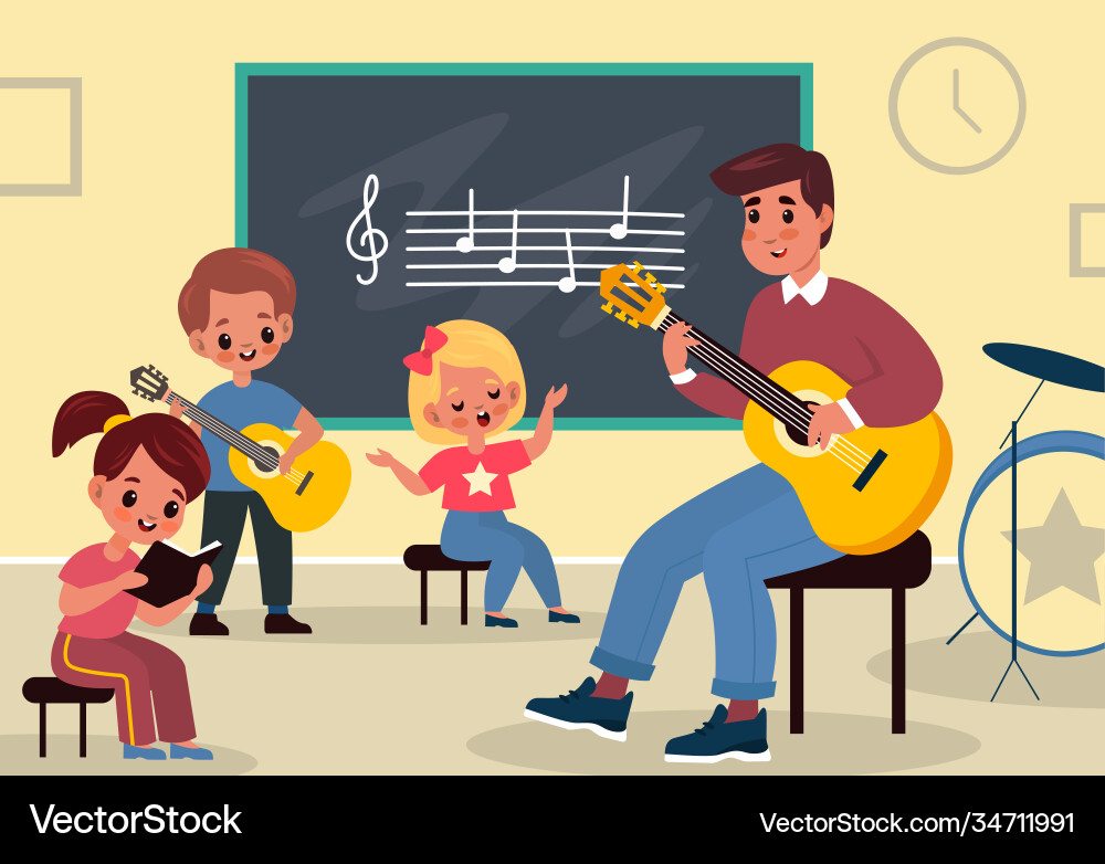 Music class learning young students listen Vector Image