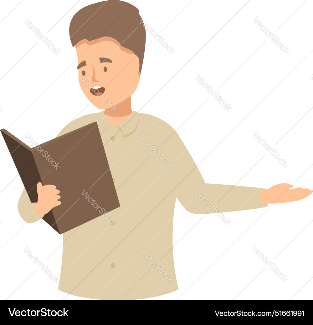 Young man reading book aloud and pointing Vector Image