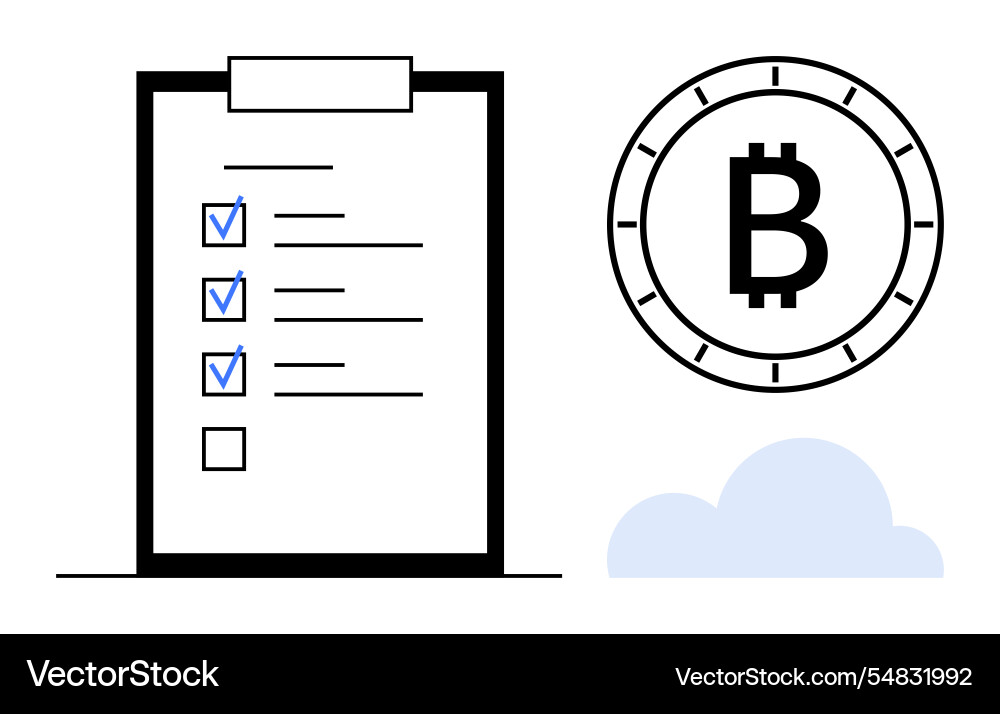 Bitcoin Checkliste mit Cloud und Checkmarks Vektorbild