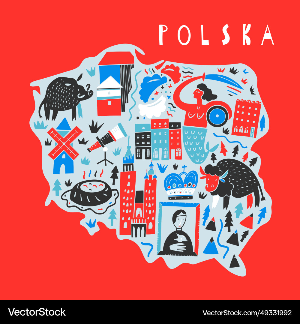 Hand drawn stylized map of polish landmarks Vector Image