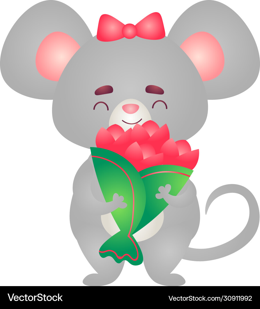Glücklich grau weibliche Maus Charakter mit einem roten Bogen