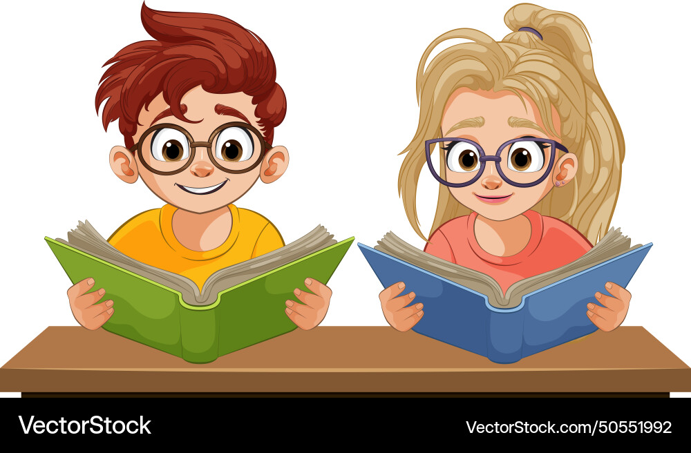 Two cartoon children reading books at a table Vector Image