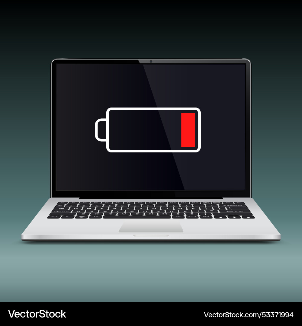 Laptop computer with low battery sign on screen Vector Image