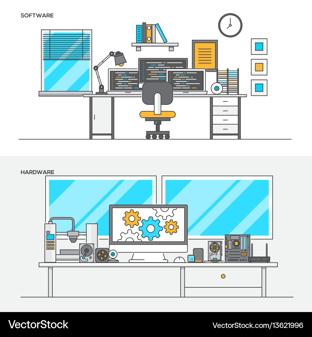 Flat line color concept- software and hardware Vector Image