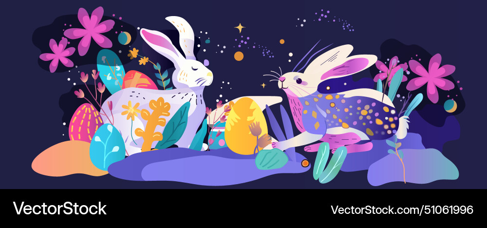 Happy easter greeting card with two rabbits spring