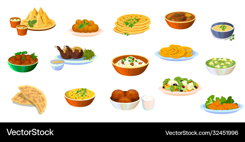 Indian traditional food set icon flat Royalty Free Vector