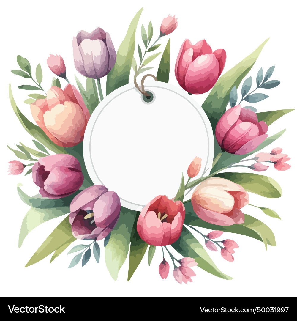 Round label with watercolor spring tulips Vector Image