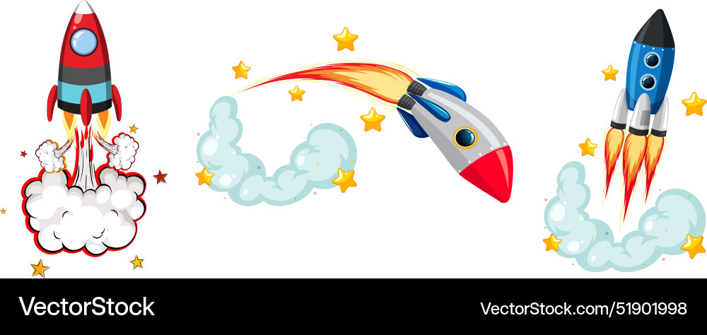 Three rockets flying with stars and clouds Vector Image