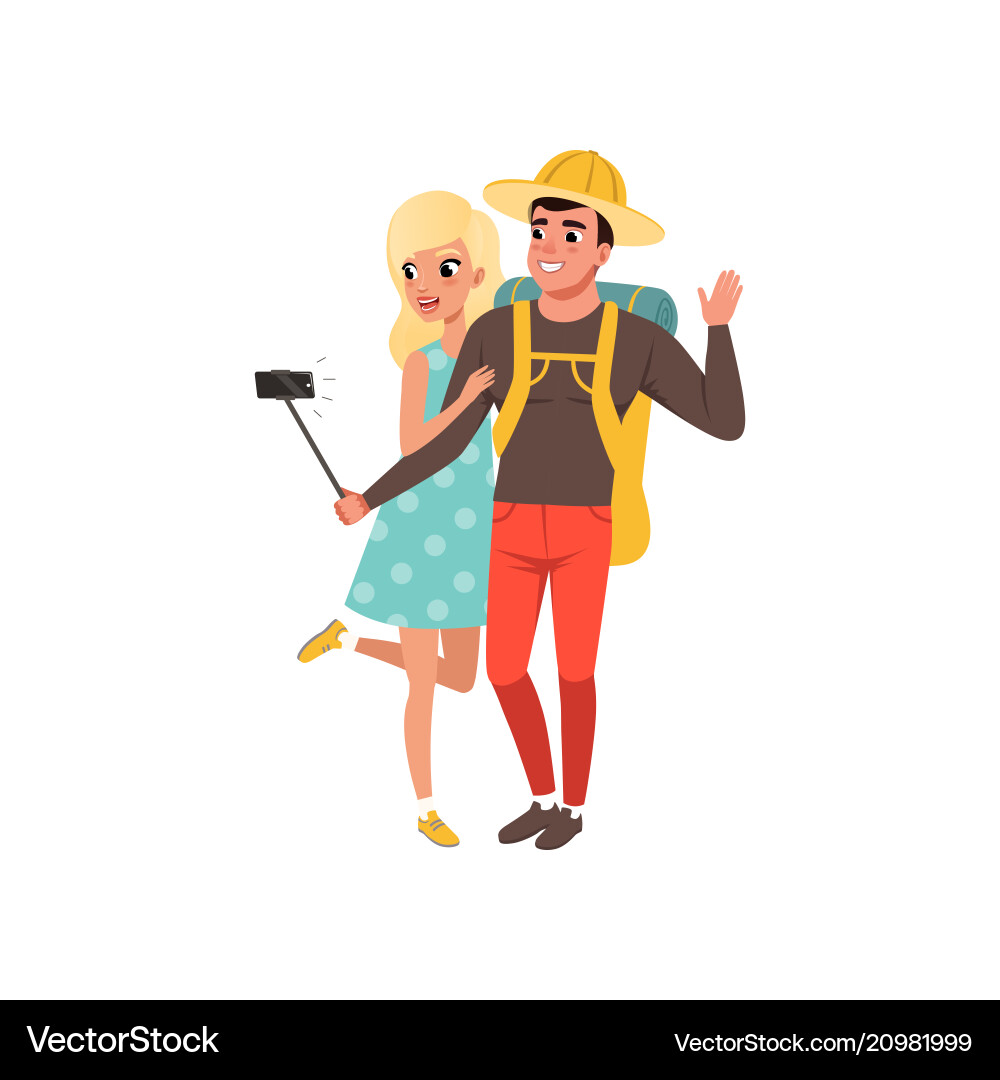 Young tourist couple taking selfie using Vector Image