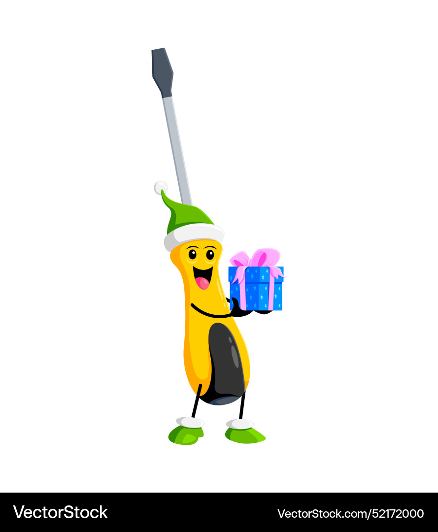 Cartoon christmas screwdriver tool holding a gift Vector Image