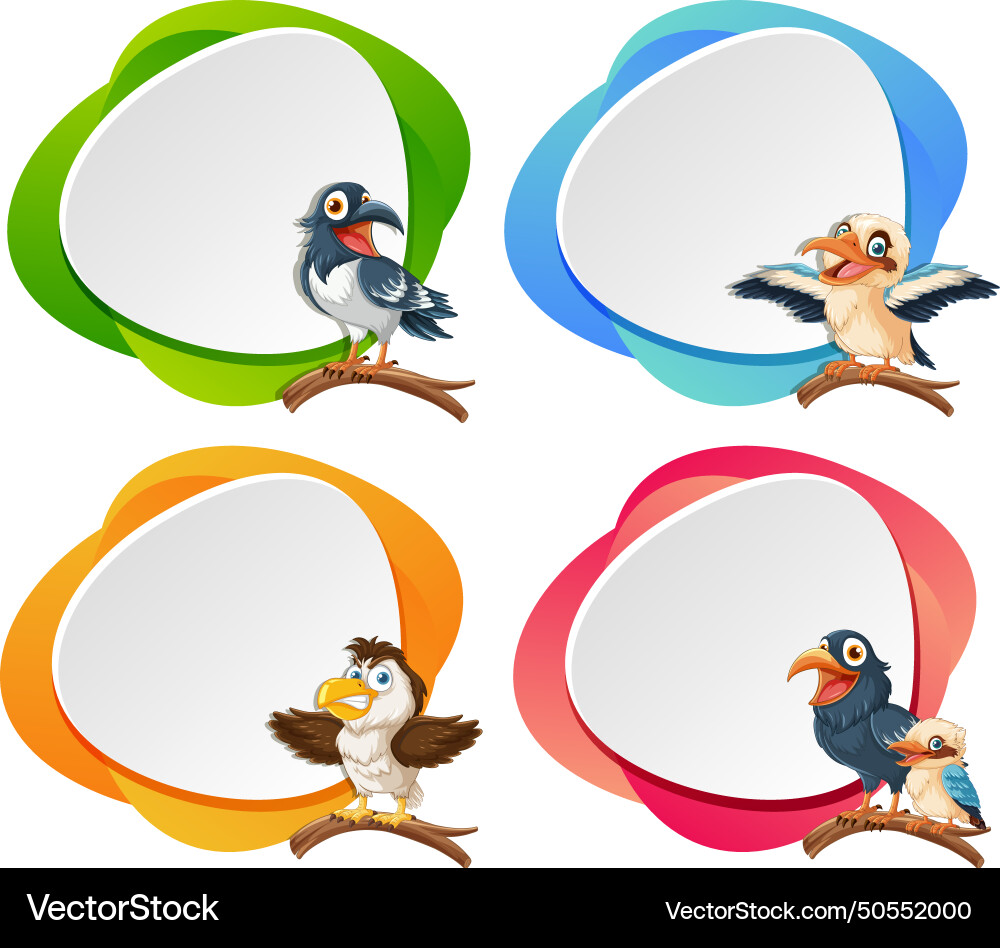 Four cartoon birds perched within vibrant borders Vector Image