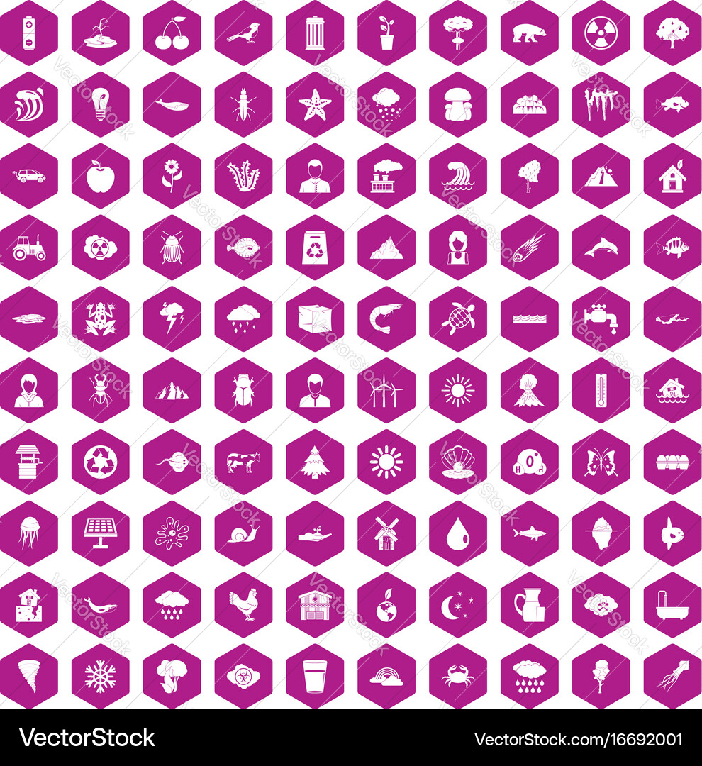 100 earth icons hexagon violet Royalty Free Vector Image