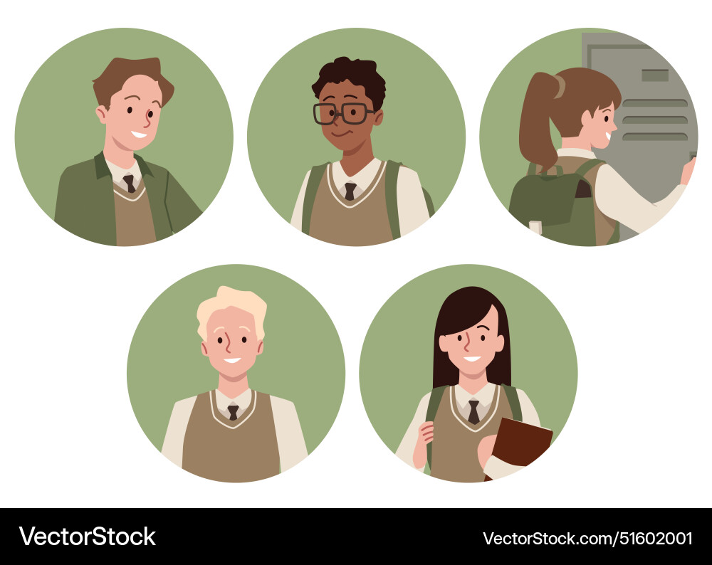 High school teenagers round frame set Royalty Free Vector