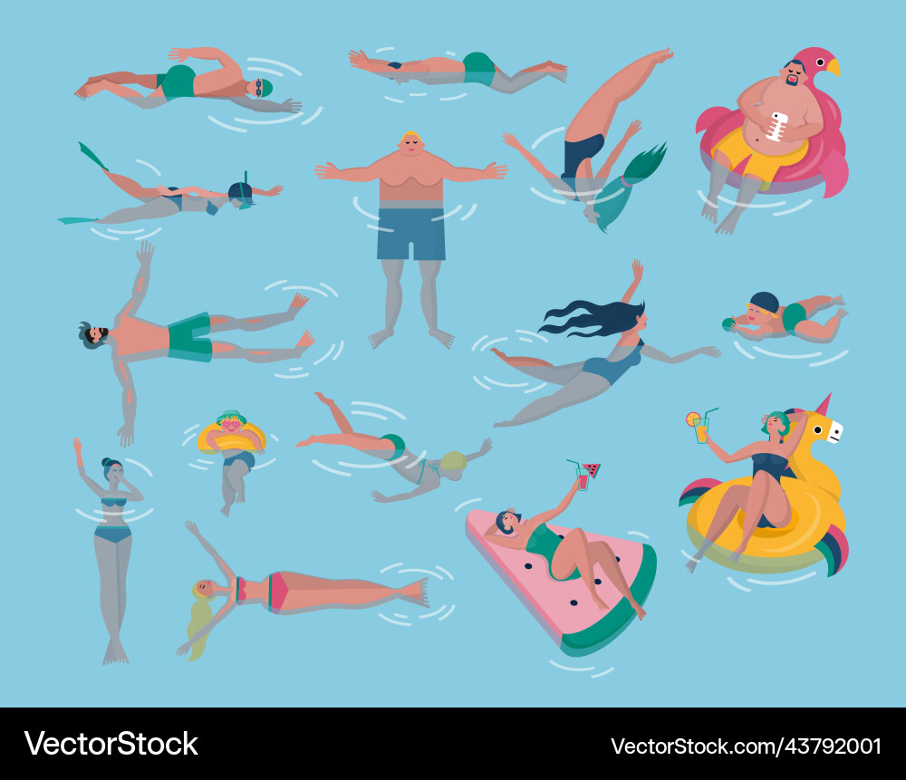 People in swimming pool swimmers diving or lying Vector Image