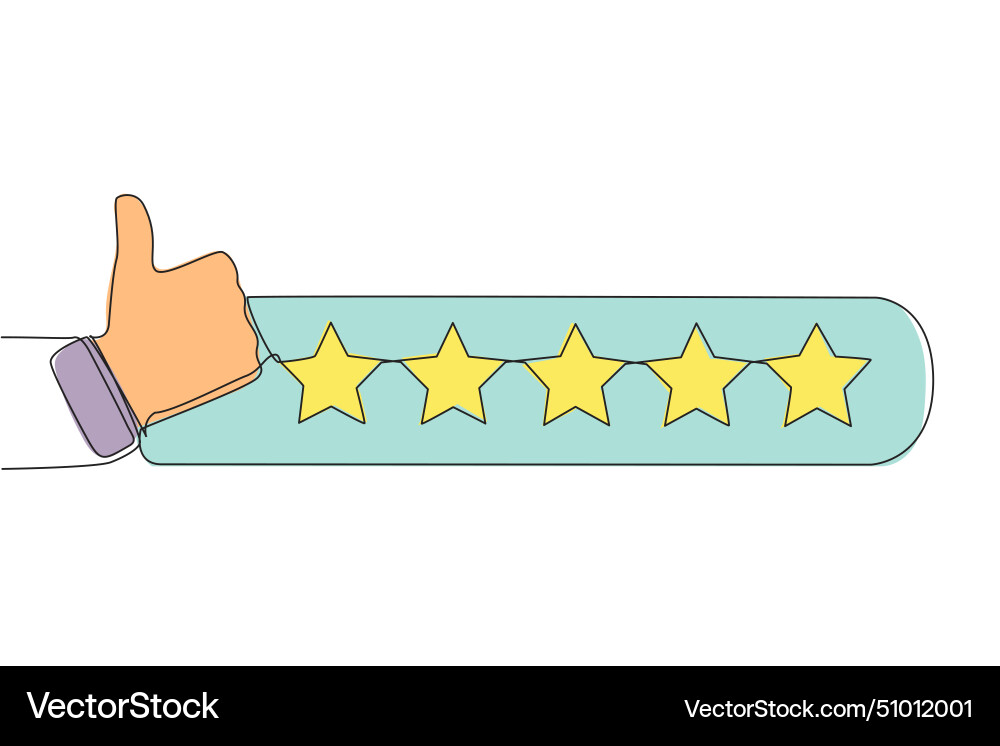 Single one line drawing thumbs up next to 5 stars Vector Image
