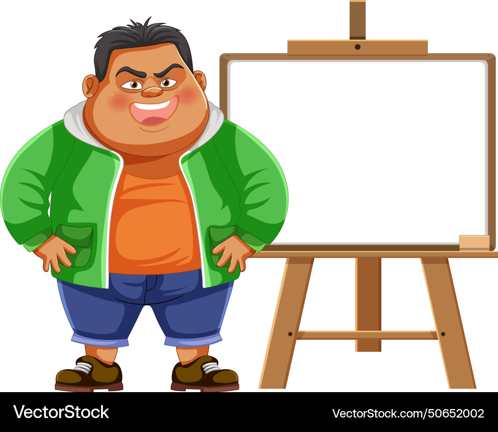 Cartoon artist standing next to an empty easel Vector Image