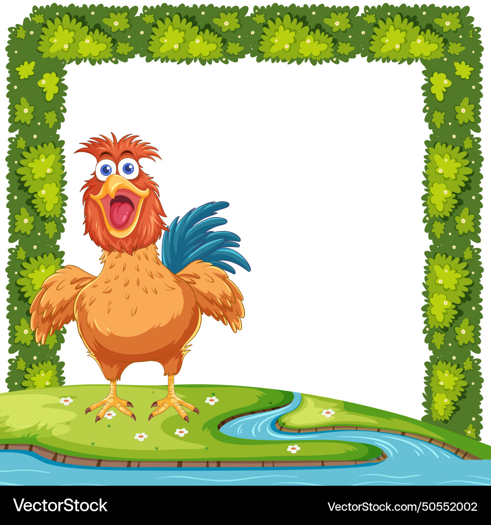 Cheerful chicken standing by a water stream Vector Image