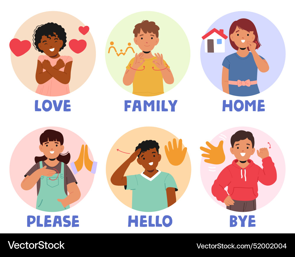 Children demonstrating common sign language words Vector Image
