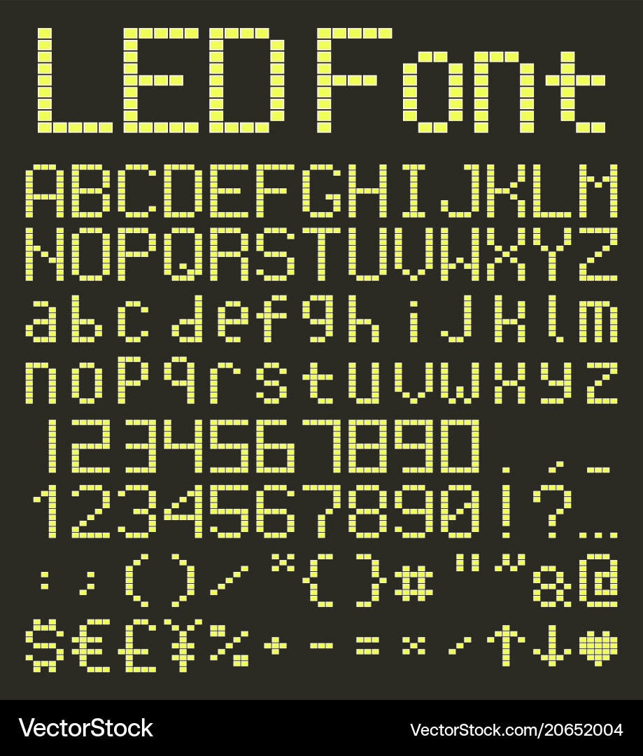 Led digital alphabet and numbers set yellow Vector Image