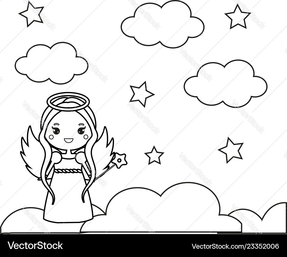 Coloring page with cute angel on clouds drawing Vector Image