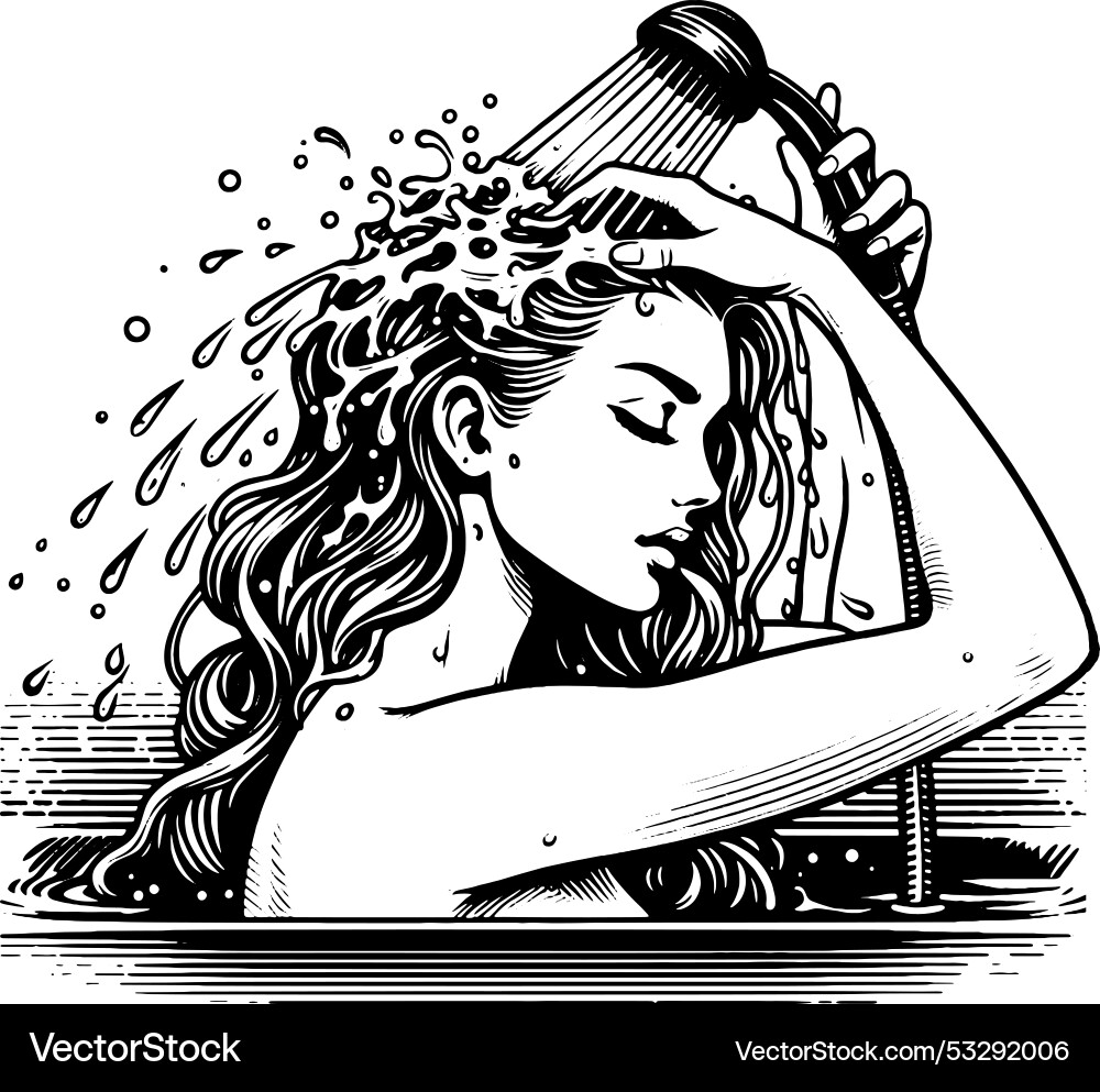 Woman taking shower in black and white artwork Vector Image