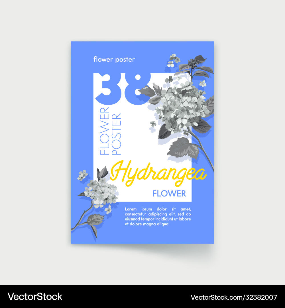 Poster design with monochrome hydrangea flowers Vector Image