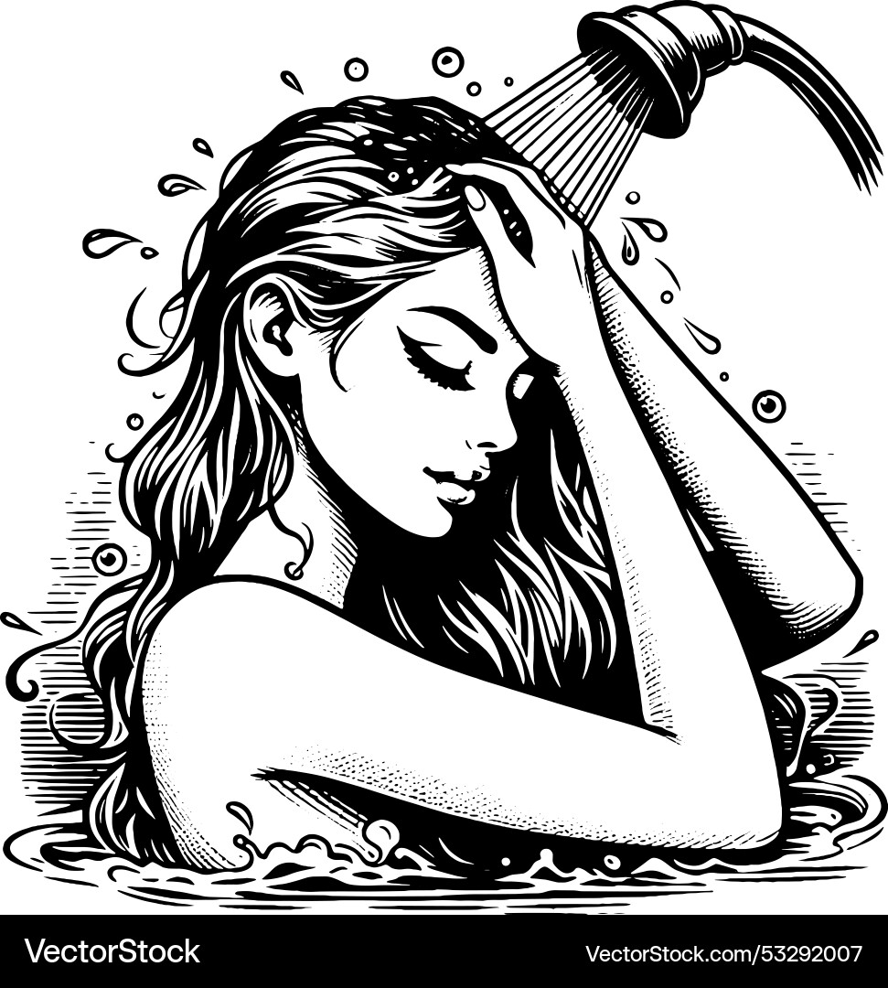 Woman taking shower in black and white artwork Vector Image