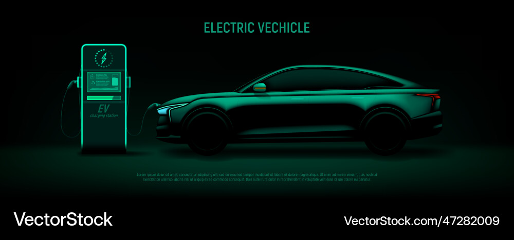 Banner with ev car at charging station Royalty Free Vector