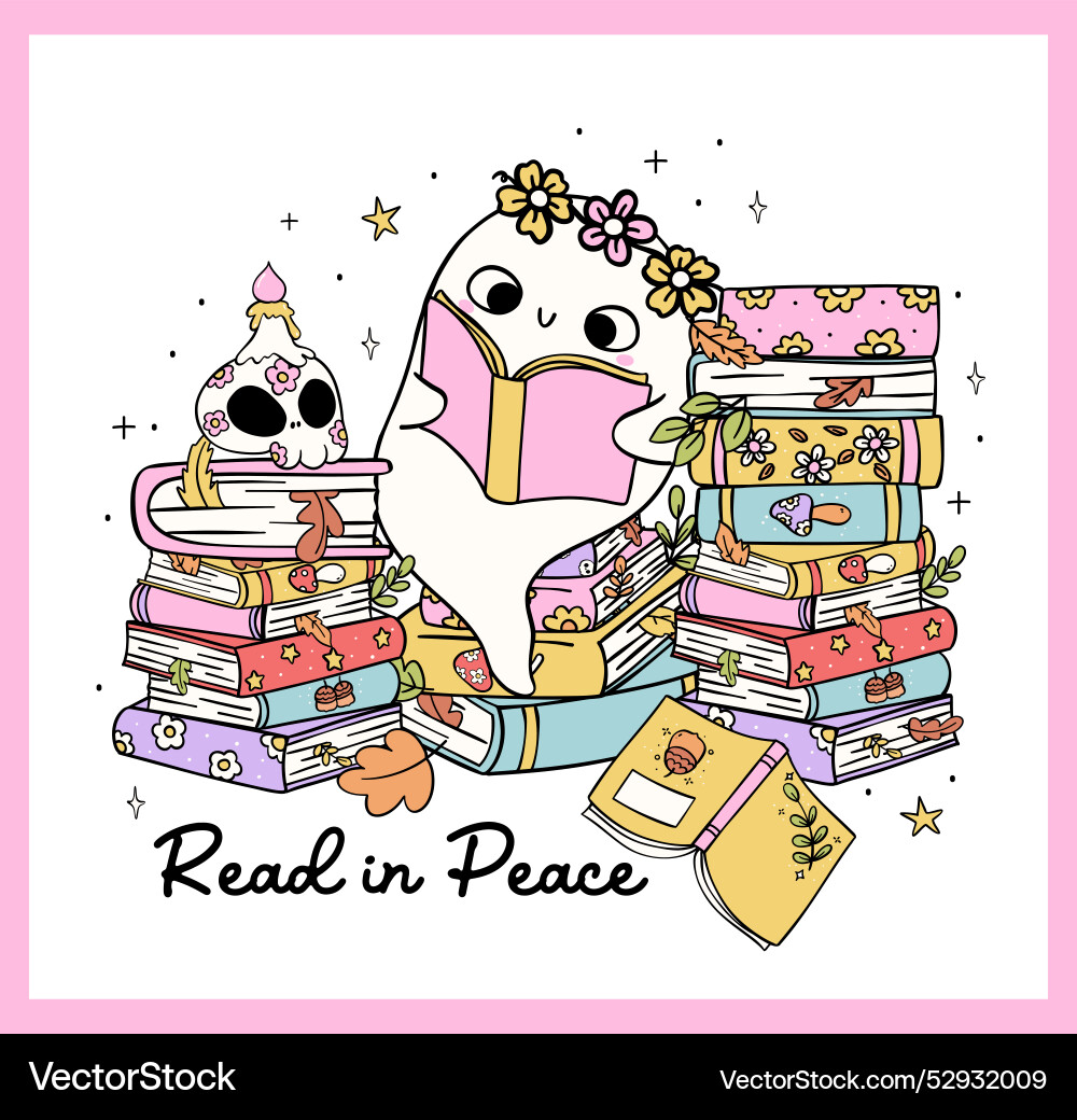 Groovy ghost reading cozy pastel halloween Vector Image