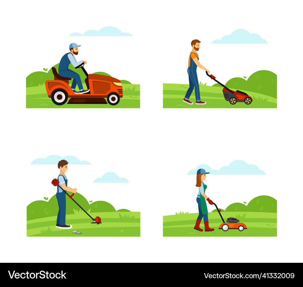 People cutting grass house backyard seasonal Vector Image