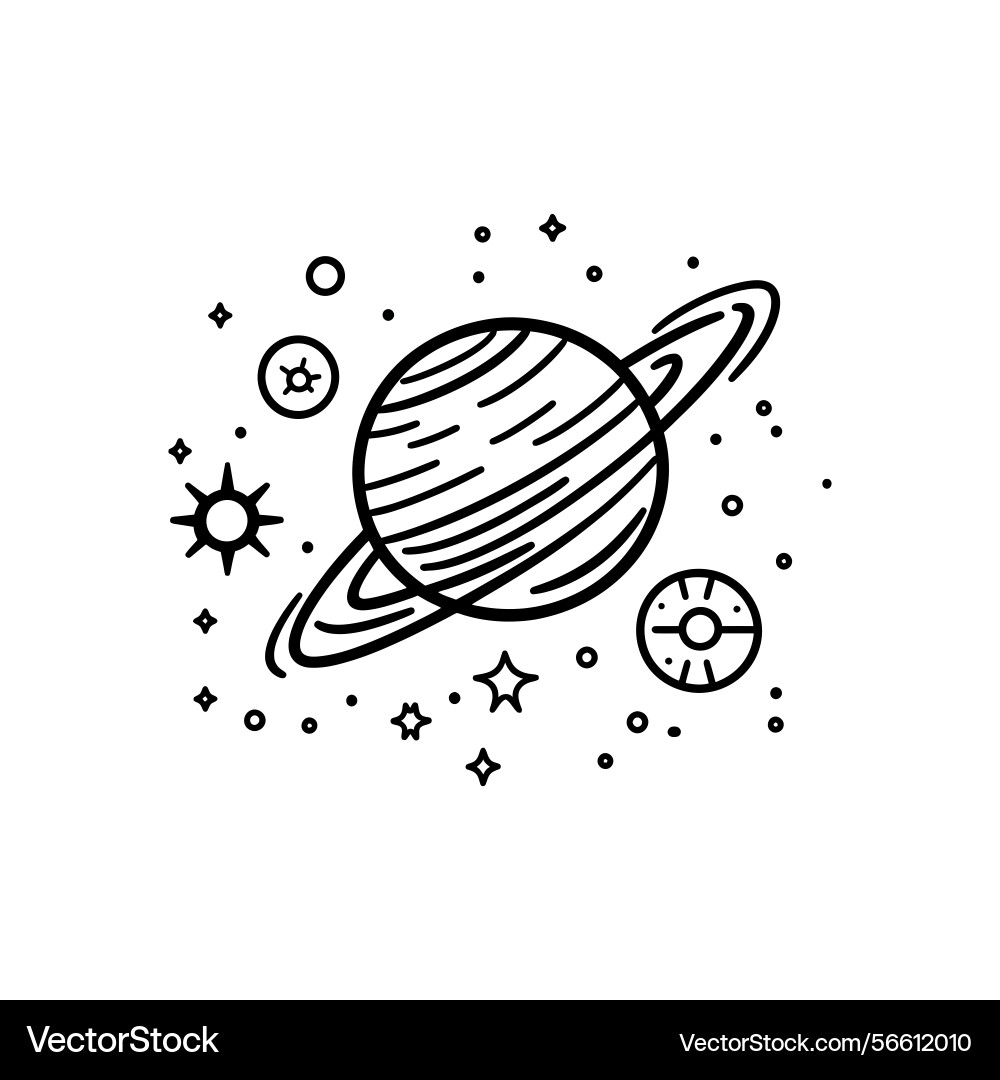 Linear planet with rings and cosmic stars Vector Image