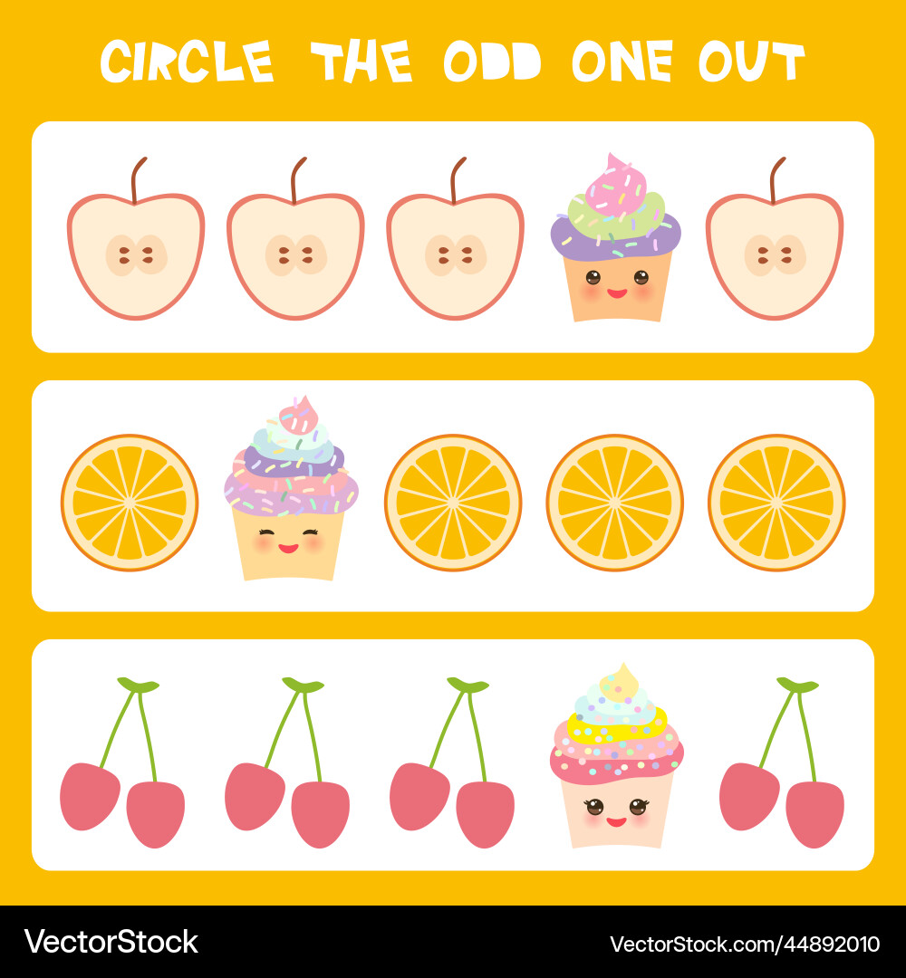 Visual logic puzzle circle the odd one out kawaii Vector Image