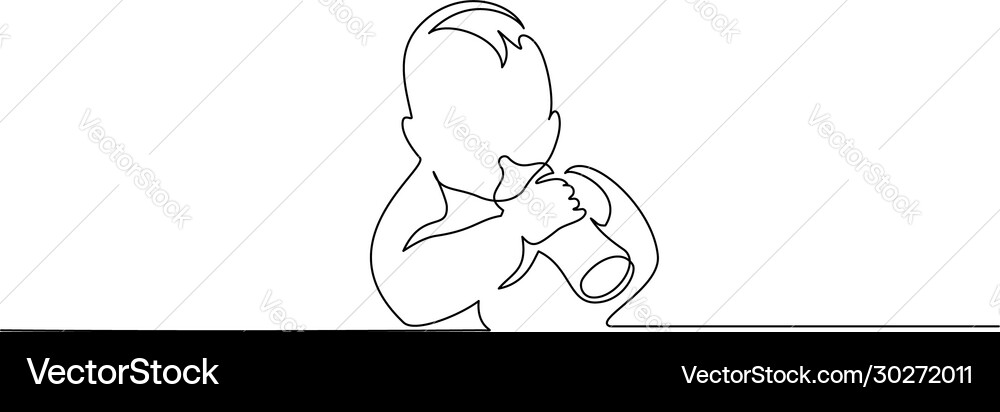 One line drawing joyful baby eating from bottle Vector Image