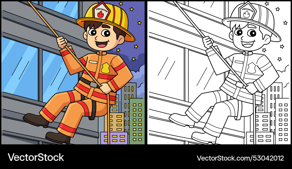 Firefighter rappelling coloring page Royalty Free Vector