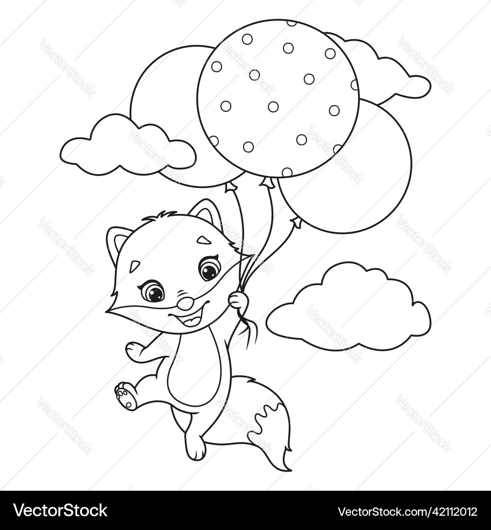 Little fox flying with balloons coloring page Vector Image