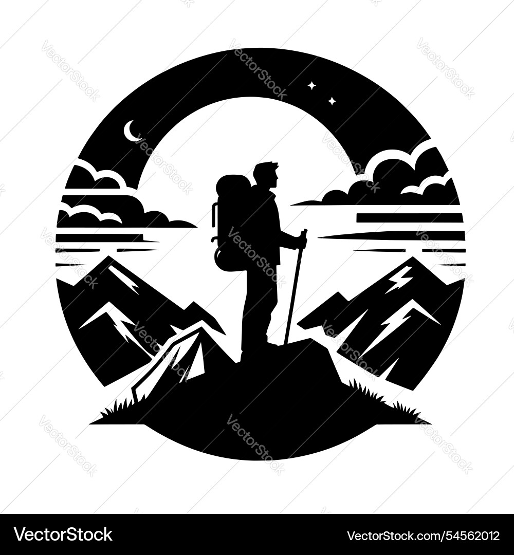 Silhouette hiker on mountain peak Royalty Free Vector Image