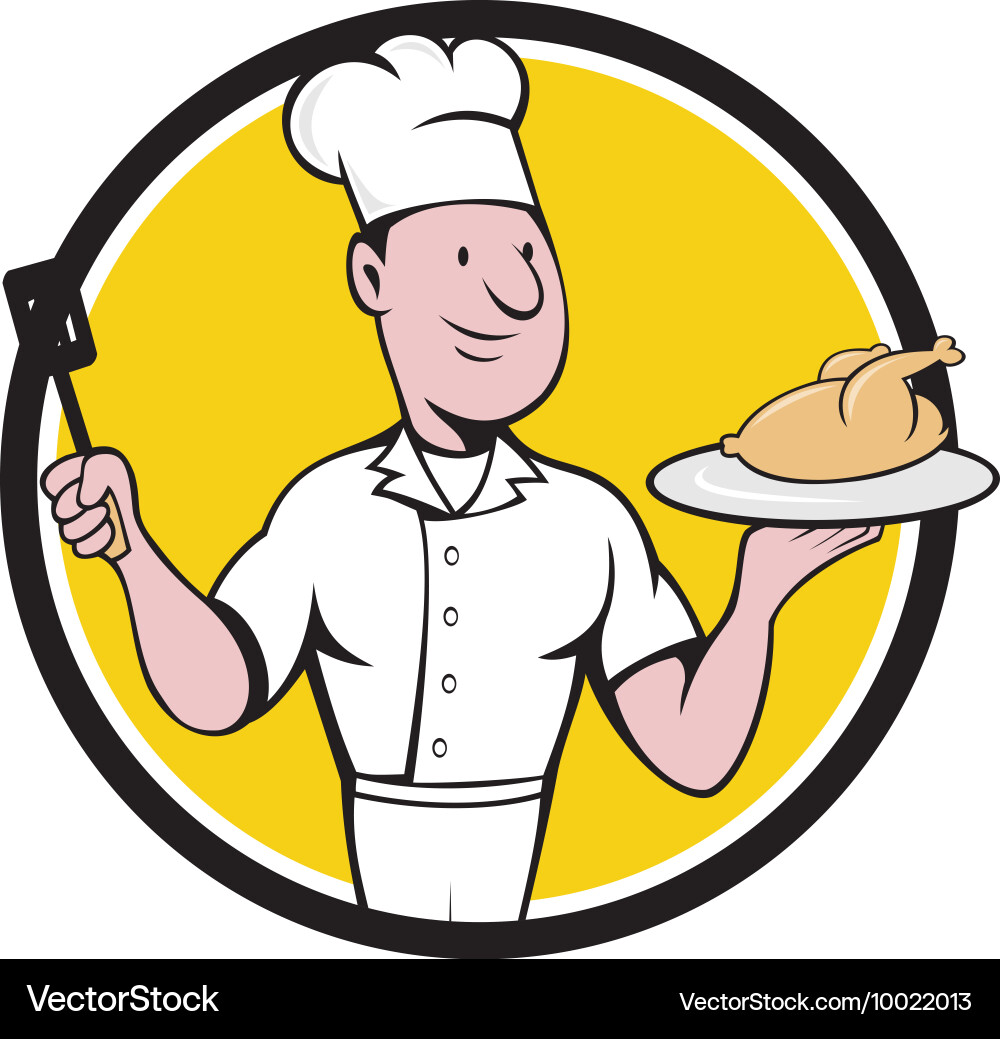 Chef cook roast chicken spatula circle cartoon Vector Image
